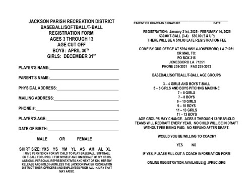 Jackson Parish Recreation Department Baseball / Softball Registration ...