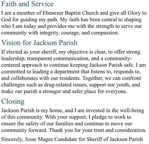 Jackson Parish Sheriff Candidate Jesse Magee Shares Background ...